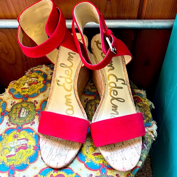Sam Edelman | Shoes | Sam Edelman Red Suede Leather Willow Wedge Open ...